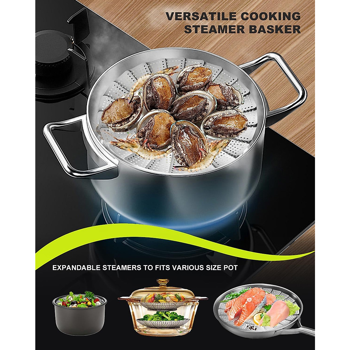 LANVIYA Vegetable Steamer Basket,2 Layer Large Capacity Food Steamer for Cooking,Stainless Steel Folding Expandable Steamers to Fit Various Size Pot,Multi-function Kitchen Basket for Baby Food