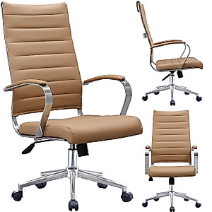 2xhome Contemporary Mid Century Modern High Back Tall Ribbed PU Leather Swivel Tilt Adjustable Chair with Back Swivel Wheels Designer Boss Executive Office Conference Room Work Task Tall Desk Tan