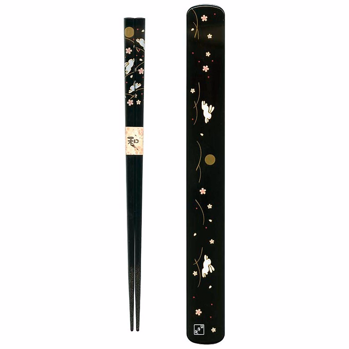 JapanBargain 3685, Japaese Travel Chopsticks with Case Reusable Chinese Korean Bamboo Portable Chop Sticks Utensil Dishwasher Safe Made in Japan, Black Bunny