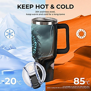 QWJKM Cool Dragon Tumbler with Handle Large Insulated Car Cup 40 OZ Stainless Steel Travel Mug Leak Proof Water Bottle with Lid And Straw for Car Home Office Gifts