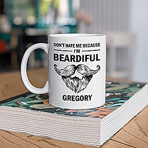 The Tea and Coffee House Personalized Dont Hate Me Because I Am Beardiful Mug, Funny Mug For Men, Unique Gift Idea Dad, Grandpa, Uncle, Boyfriend, Custom With Name On Birthday, White, 11, 15oz