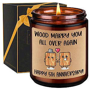 Miracu 5th Wedding Anniversary Candle - 5th Anniversary Wood Themed Gifts for Wife Husband, 5 Year Wedding Anniversary Funny Gifts for Him Her, Happy Fifth Marriage Gifts for Couples Women Men