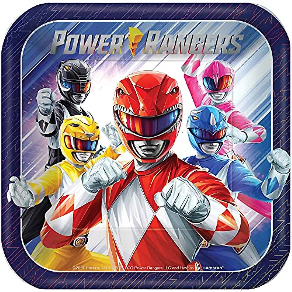 Power Rangers Birthday Party Supplies Bundle includes 16 Dessert Cake Paper Plates and 1 Dinosaur Sticker Sheet
