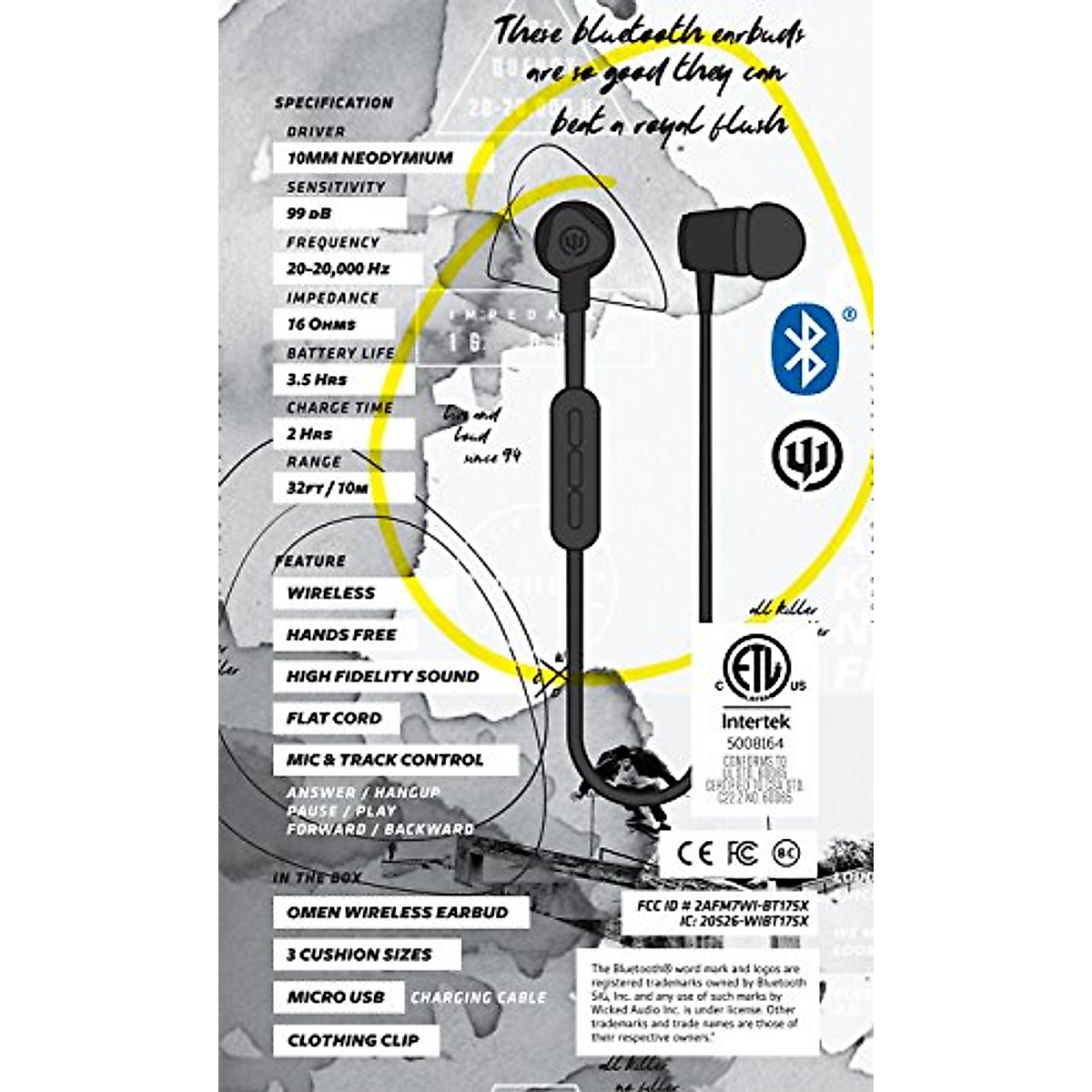 Wicked Audio Omen Wireless — Bluetooth Earbuds with Microphone and Track Control — Wireless Earbuds, Noise Isolating, in Ear Headphones — Black