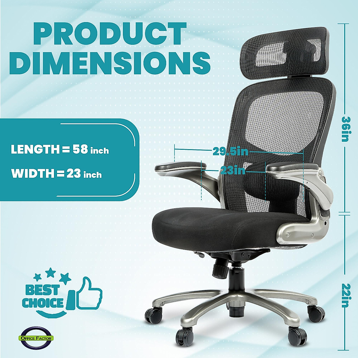 OFFICE FACTOR 500 Lbs Rated Ergonomic Big and Tall Office Chair Flip-Up arms, Mesh Office Chair, Swivel Office Chair with Anti Scratch Wheels, Mesh Executive Chair (Black with Headrest)
