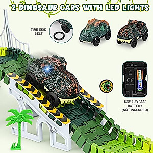 Dinosaur Tracks, 185 PCS Create A Dinosaur World Road Race for Kids Boys Toys Flexible Train Tracks Set and 2 Cool Dinosaurs Cars Dinosaur Toys for Age 3 4 5 6 7 8 Year & Up Old Boy Girls Best Gift