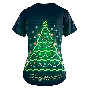 Christmas Mock Wrap Scrubs for Women Short Sleeve Medical Scrub V-Neck Soft Workwear Springy Tshirts Under Scrub Shirts Long Sleeve(2-Green,4X-Large)