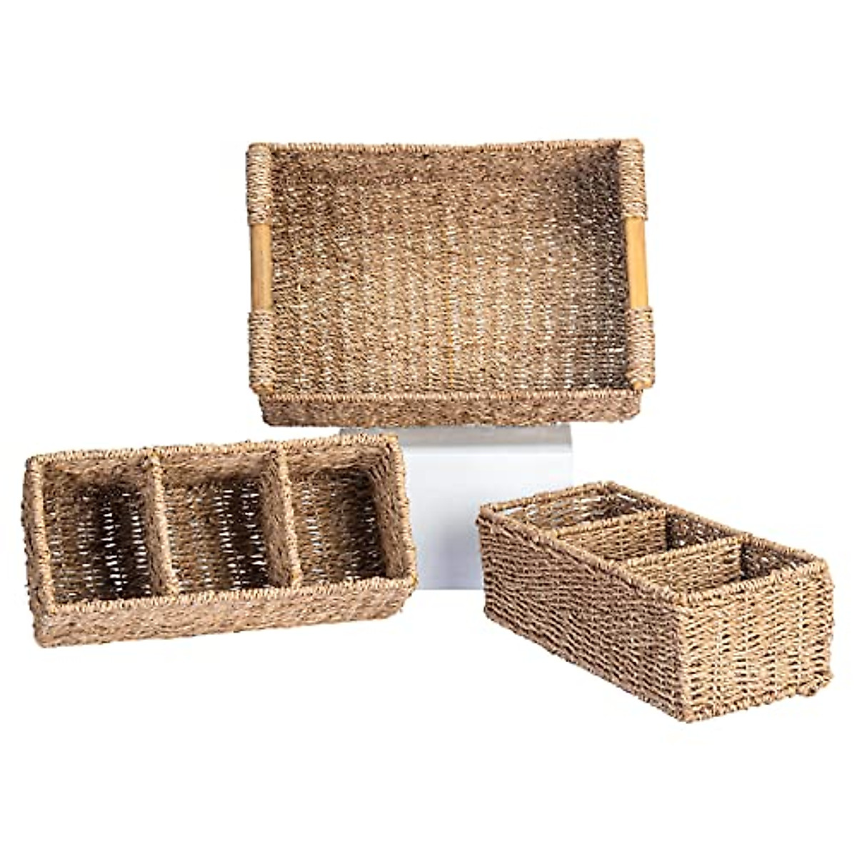 3 Compartment Storage Baskets for Organizing, Seagrass Toilet Paper Small Basket, Large Seagrass Storage Baskets for Shelves, Set of Hand-Woven Natural Wicker Storage Basket - 3 pack