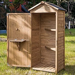 Livavege Outdoor Storage Cabinet with 2 Corner Shelves & Workstation - Wooden Garden Shed with Lockable Door, Outside Waterproof Tool Storage Shed for Patio Furniture, Backyard, Lawn, Meadow, Farmland