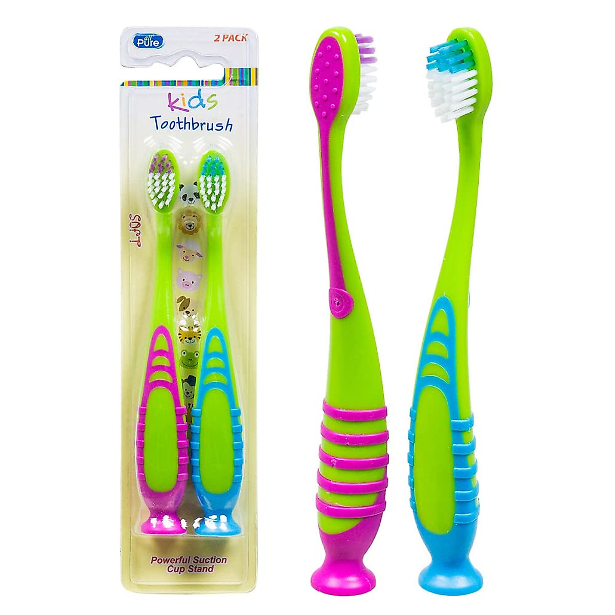ALL PURE 6 Pack Kids Toothbrush Suction Cup Stand Soft Bristles Toddler Clean Oral Care