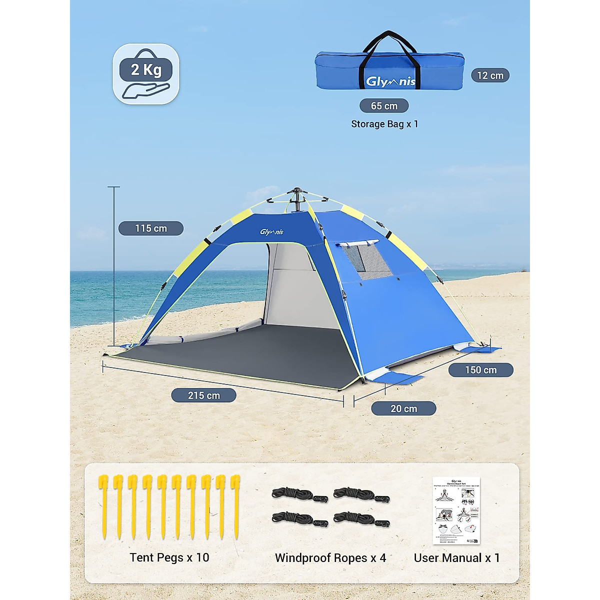 Glymnis Pop Up Beach Tent Sun Shade Shelter for 4 Person with UPF 50+ Easy Setup, 3 Ventilation Windows, Extended Floor Family Instant Beach Tent