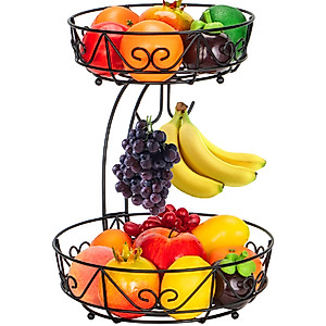 Auledio 2-Tier Countertop Fruit Vegetables Basket Bowl Storage With Double Banana Hanger, Black