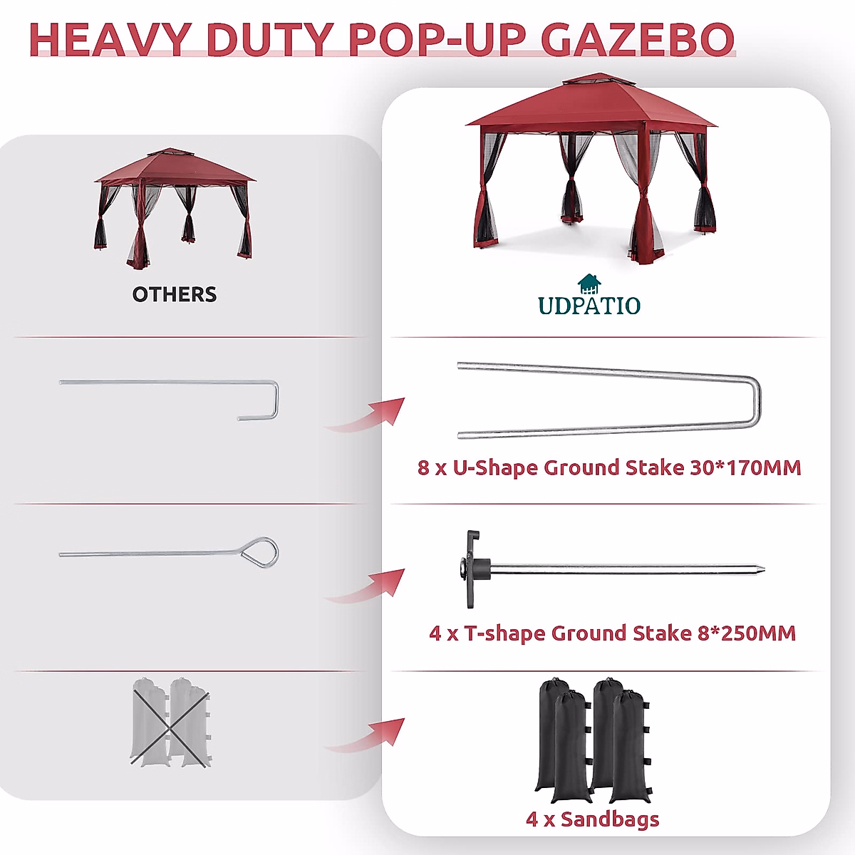 UDPATIO 11'x11' Pop up Gazebo Canopy Tent, Outdoor Patio Waterproof Gazebo with Mosquito Netting for Lawn, Garden, Backyard and Deck, Red