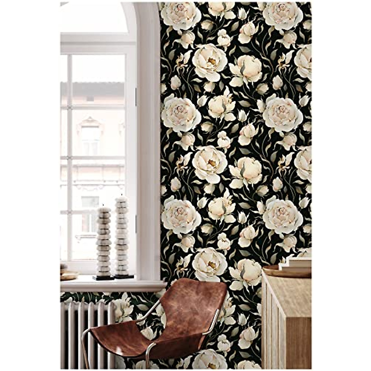 HAOKHOME Peel and Stick Wallpaper Floral Vintage Roses Peonies Contact Paper Removable Black/Beige/Olive Self Adhesive Mural 17.7in x 9.8ft