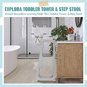 Dream On Me Explora Tower & Step Stool in Pebble Grey, Anti-Slip Base, Multipurpose Kids Step Stool, 3 Platform Heights, Chalkable Black Board
