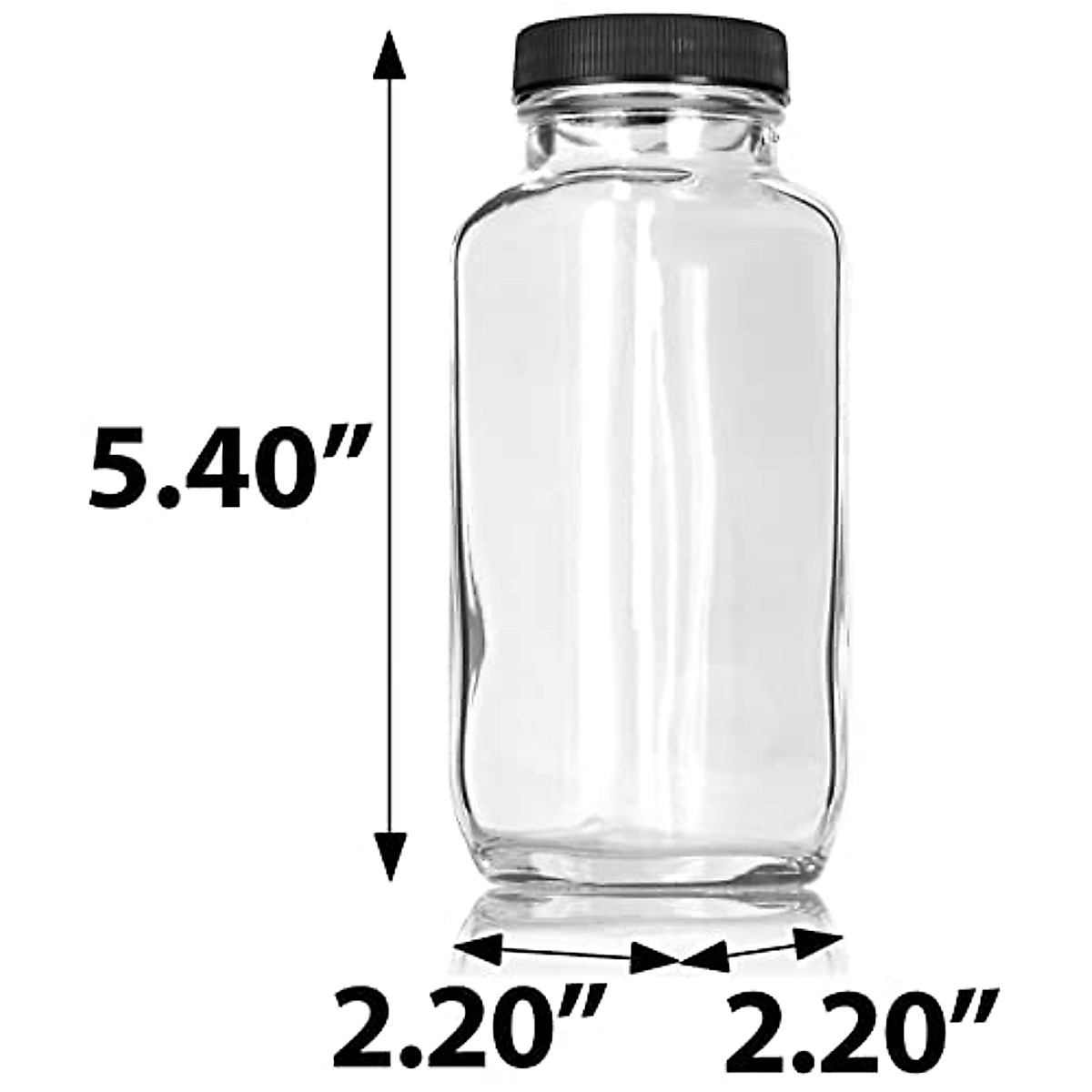 JUVITUS 8 oz Clear Thick Plated Glass French Square Bottle Jar with Lid (2 Pack) Perfect for Home, Travel, Juicing, Kombucha