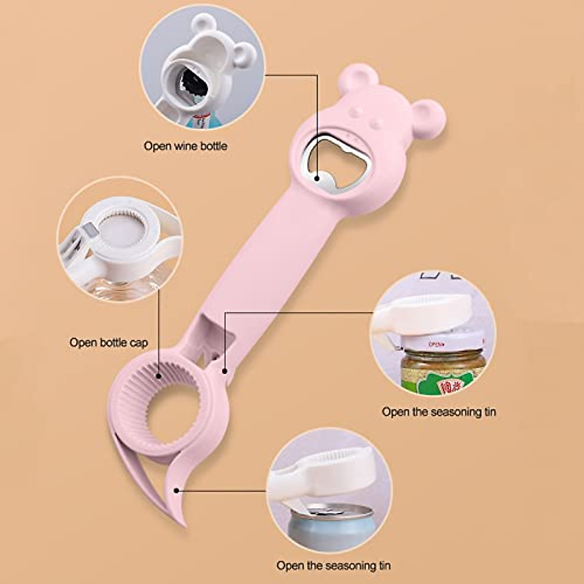 4 in 1 Multi Function Can Opener Bottle, Multi Kitchen Tool for Jelly Jars, Wine, Beer and other, Bottle Opener to Protect the Nail Use for Children, Elderly and Arthritis Sufferers