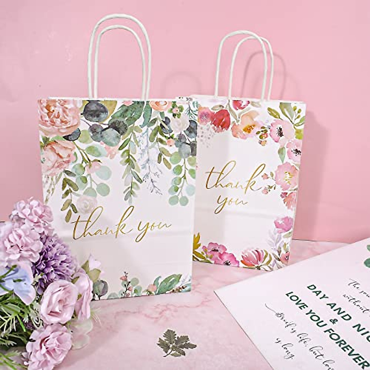 Whaline 16Pcs Thank You Gift Bags Floral Design Gift Bags with Handles Wedding Small Paper Bags for Business Shopping Boutique Gifts,Birthday Party,Baby Shower,Wedding Celebration,6.3 x 8.7 x 3.1in