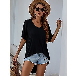 Verdusa Women's Half Sleeve Scoop Neck High Low Long Tee Top Oversized T Shirts Black XL