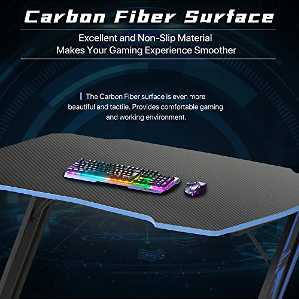 HKLGorg Gaming Desk 47 Inch Computer Desk Gaming Table Writing Table Modern Ergonomic Racing Style Home Office Desk Workstation Carbon Fiber Headphone Hook-Blue