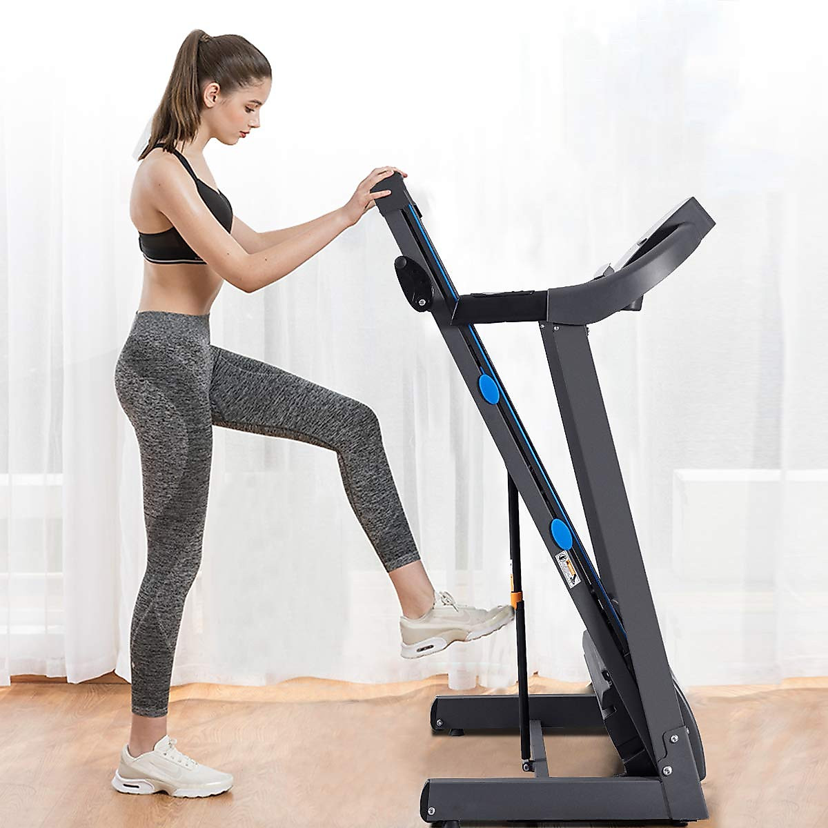 GYMAX Folding Treadmill, Electric Motorized Running Walking Machine with Heart Rate Sensor & LED Touch Display, 2.25HP Silent Treadmill for Home/Gym (Black+Blue)