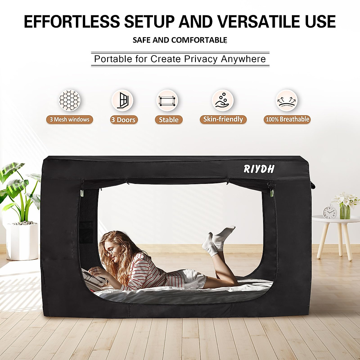 RIYDH Bed Tent Twin Bed Canopy Tents for Adult - Portable Dream Tent Indoor Sleeping Tents 93% Blackout with 3 Doors Breathable Private Space Tents