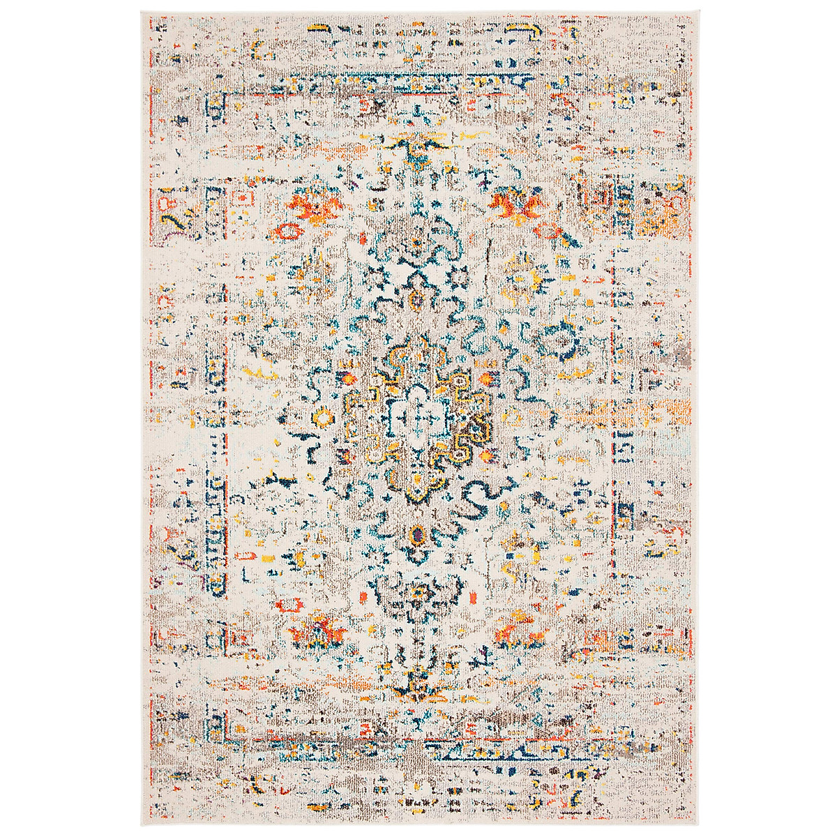 SAFAVIEH Madison Collection Area Rug - 5'3" x 7'6", Cream & Blue, Boho Distressed Medallion Design, Non-Shedding & Easy Care, Ideal for High Traffic Areas in Living Room, Bedroom (MAD474B)