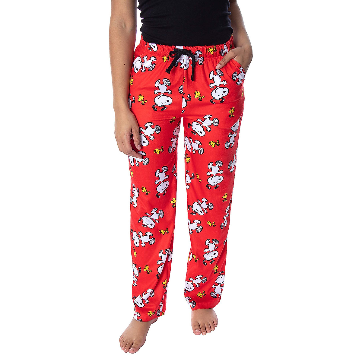 Peanuts Women's Snoopy and Woodstock Allover Print Smooth Touch Fleece Sleep Bottoms Lounge Pajama Pants (Medium)