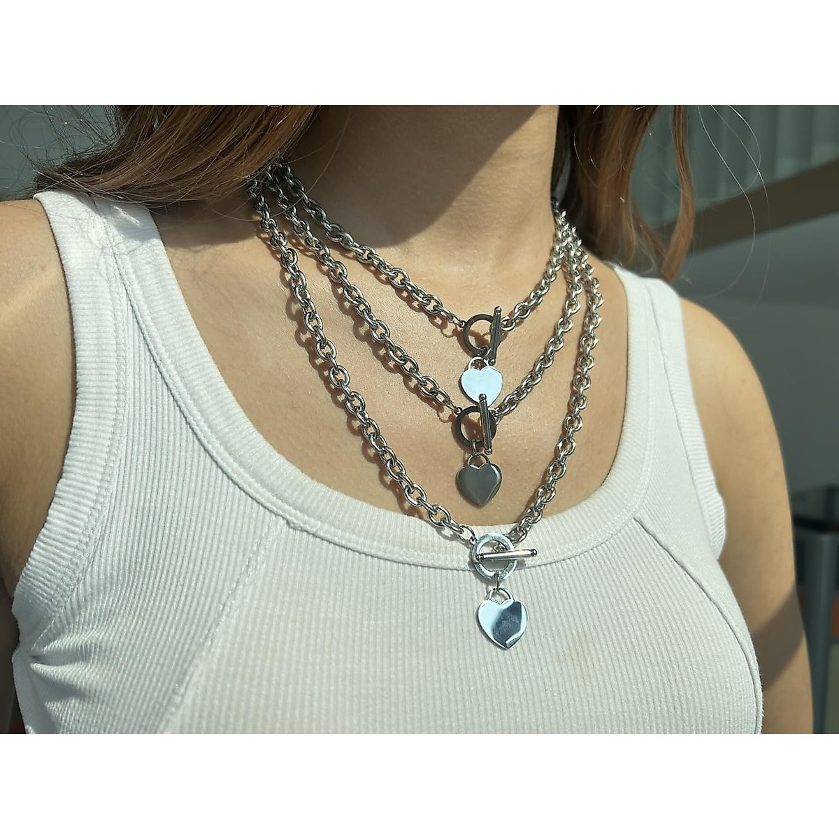 WangGao Elegent Love Stainless Steel Link Chain Blank Heart Charms Necklace for Women Toggle Clasp Closure,Silver…