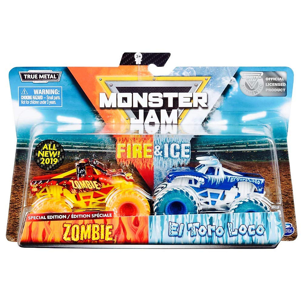 Monster Jam, Fire & Ice Exclusive 2 Pack, Zombie vs. El Toro Loco Monster Truck, Die-Cast Vehicles 1:64 Scale