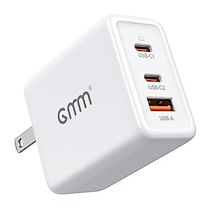 GMM Dual USB C Charger, 65W 3 Ports GaN Fast Charger Block, Compact Foldable Wall Charger for MacBook Pro/Air, iPhone 15 14, Apple Watch, iPad Pro, Galaxy S23, Pixel etc