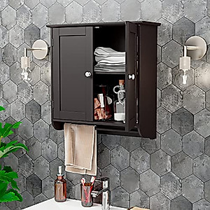 MOIDEI Bathroom Cabinet with Towel Bar, Over The Toilet Storage Cabinet, Black Wall Cabinet with Adjustable Shelf, 23.6"x8.3"x24.4" MDF Medicine Cabinet, 2 Doors Wood Cabinet for Kitchen,Laundry Room