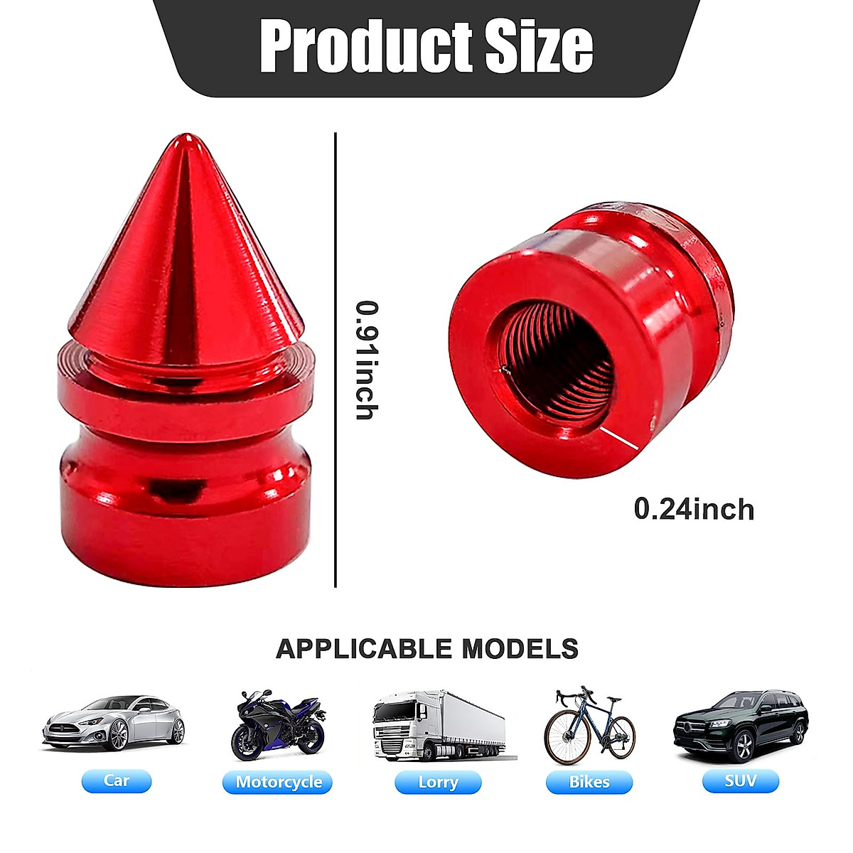 Ziciner 4 PCS Car Tire Valve Caps, Spiked Aluminum Alloy Tire Trim Accessories, Dustproof Tire Wheel Stem Covers, Universal Air Stem Cap for Auto, Trucks, SUVs, Bicycles and Motorcycles (Red)