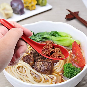 Cionyce 2PCS Wonton Soup Spoons, Chinese Japanese Miso Ramen Dumpling Pho Rice Noodle Soba Soup Spoons, Red and Black Melamine Spoons