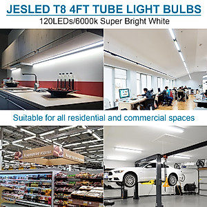 JESLED 4FT LED T8 Type A+B Tube Lights, 12W(50W Equivalent), 2400LM High Output, 6000K, Plug and Play or Ballast Bypass, Double End Powered, 4 Foot T10 T12 Fluorescent Bulbs Replacement, Clear(4-Pack)