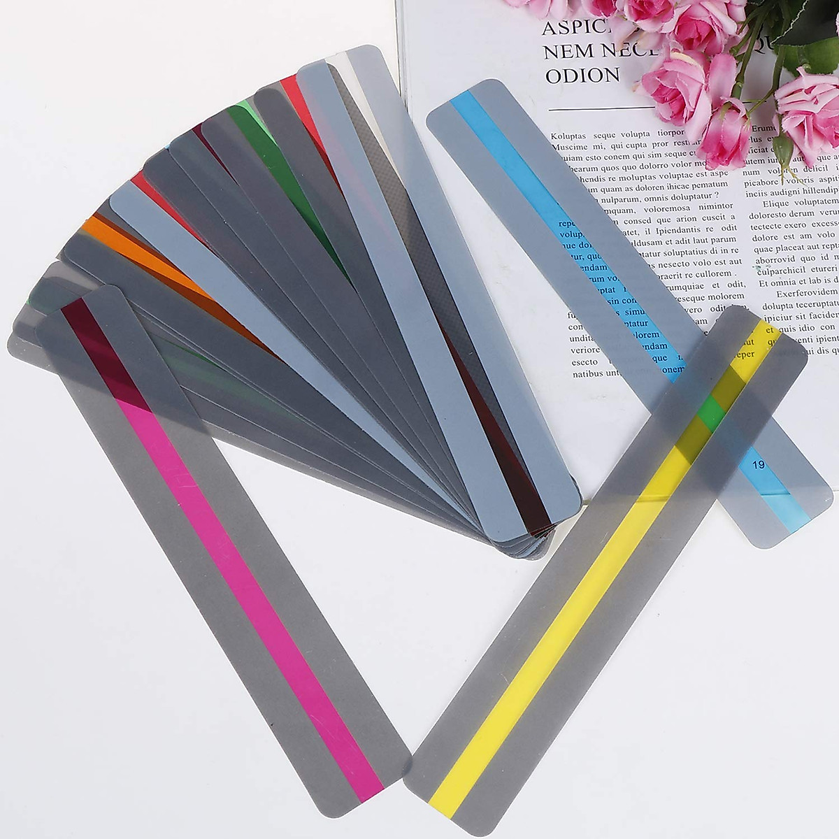 Reading Guide Highlight Strips (32 Pack) Colored Overlays Bookmarks Reading Tracking Rulers for Children, Teachers, and Dyslexics