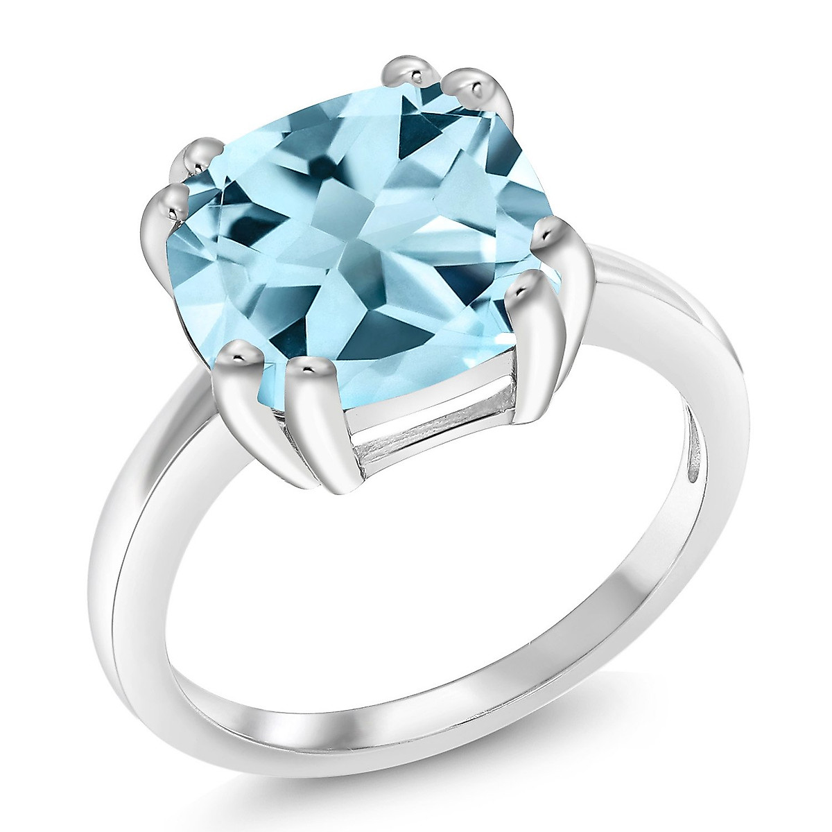 Gem Stone King 925 Sterling Silver Sky Blue Topaz Engagement Ring | Double Prong Ring for Women | 4.25 Cttw | Cushion Cut 10MM | Gemstone Birthstone | Available in size 5, 6, 7, 8, 9