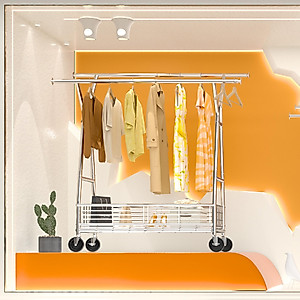 Raybee Clothes Rack Heavy Duty Rolling Clothing Rack with Wheels Load 600LBS Double Rod Clothing Racks for Hanging Clothes Commercial Portable & Adjustable Garment Rack with Metal Basket, Chrome