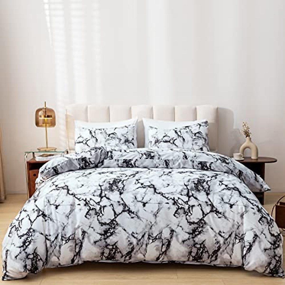 Smoofy Queen Marble White Comforter Set, White Marble Pattern Printed Soft Fabric with Brushed Microfiber Full Bed Sheets Fill Bedding Sets(1 Comforter, 2 Pillowcases)