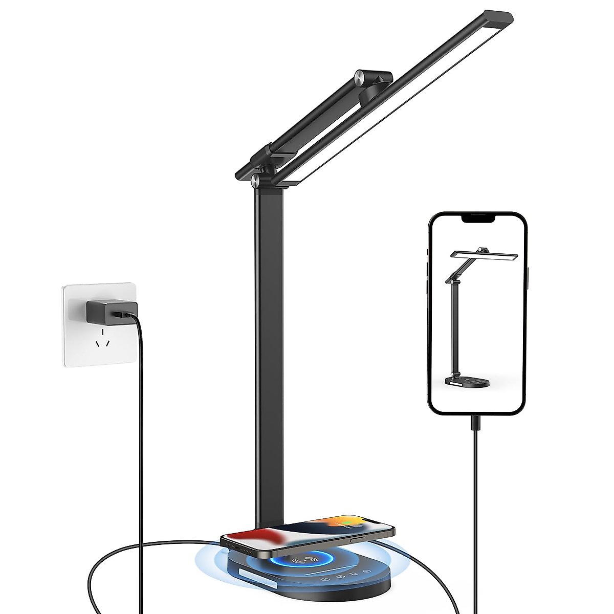 XREY LED Desk Lamp with Wireless Charger, USB Charging Port, Desk Lamp Touch Control Dimmable with 5 Color Modes & 5 Brightness, Eye Caring Desk Lamp, 2 Night Lights (Black)