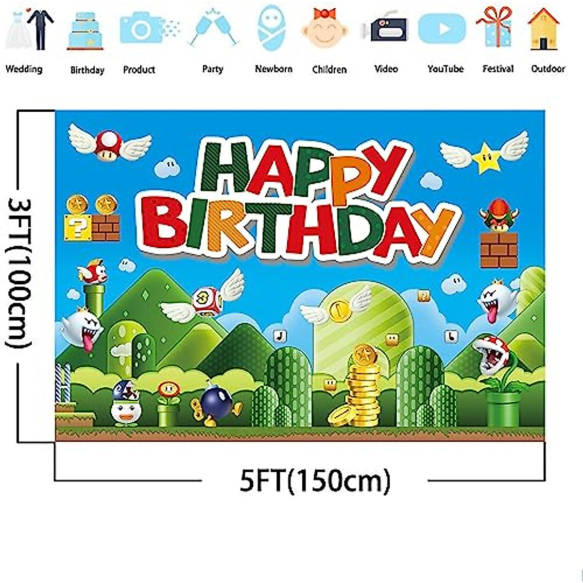 DIZHI Super Bros Happy Birthday Party Decorations Supplies for Boy Adventure Theme Cartoon Video Game Banner Children Happy Birthday Party Decor Supplies Photography Poster Backdrop 5x3ft