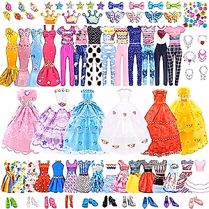 75Pcs Doll Clothes and Accessories Fashion Design kit for 11.5 Inch Doll Dress Up Including 2 Wedding Gown Dresses 1 Fashion Dress 2 Party Dress 8 Mini Dresses 3 Tops and Pants 10 Shoes 6 Necklaces
