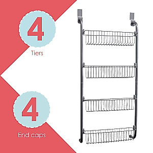 Home Basics Heavy Duty 4 Tier Over the Door Storage Shelf Hanging Cabinet Metal Pantry Rack Organizer Spice Space, Grey