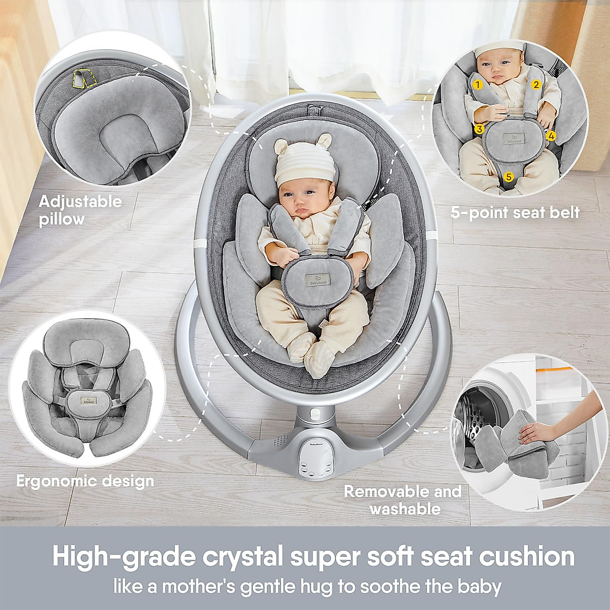BabyBond Baby Gift Set Includes Bluetooth Baby Swing and Infant Insert, Portable Baby Swing with 10 Preset Lullabies, 5-Point Harness, 5 Speeds and Remote Control, Newborn Insert for 0-3 Months Baby