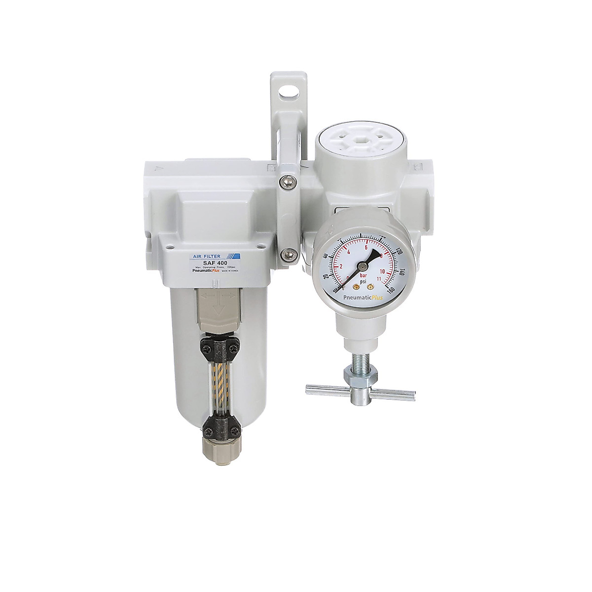 PneumaticPlus SAU420T-N04G-MEP Compressed Air Filter Regulator Combo 1/2" NPT -T-Handle, Manual Drain, Metal Bowl