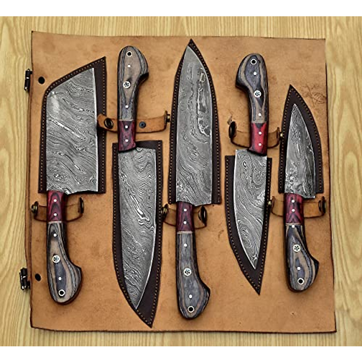 Hand Forged Chef Knives Kitchen Set Damascus Steel Knives Handmade Knife Set,Professional Chef Knives Set Vegetable Meat Cooking Knife Tools Accessories with Beige Solid Wood Handle,5 Pieces Set Knife