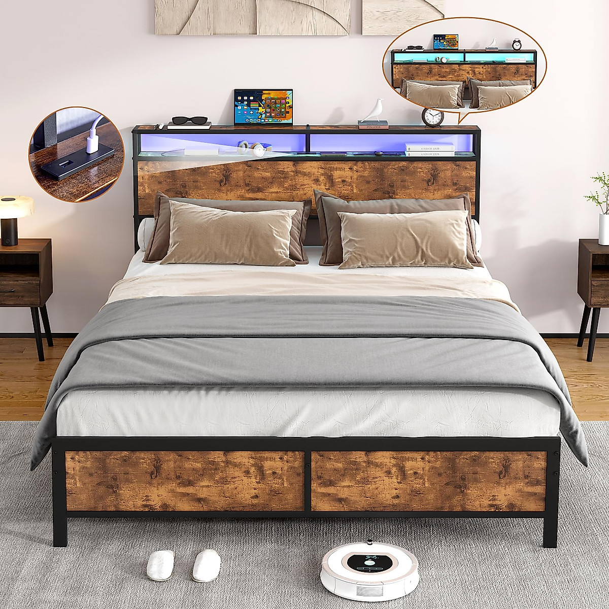 QSOSTNS Bed Frame with Ergonomic Headboard, 14 inch Fast Assembly Metal Bed with LED Lights, Outlets & USB, Bed Frame Full Size with Storage, Noise Free, No Box Spring Needed (Full)