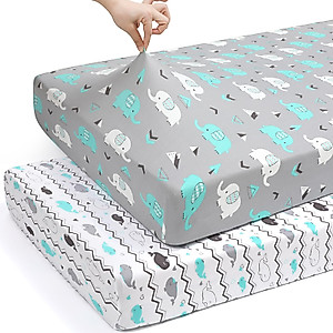 Pack n Play Stretchy Fitted Pack n Play Playard Sheet Set BROLEX 2 Pack Portable Mini Crib Sheets,Convertible Playard Mattress Cover,Ultra Soft Material，Elephant & Whale