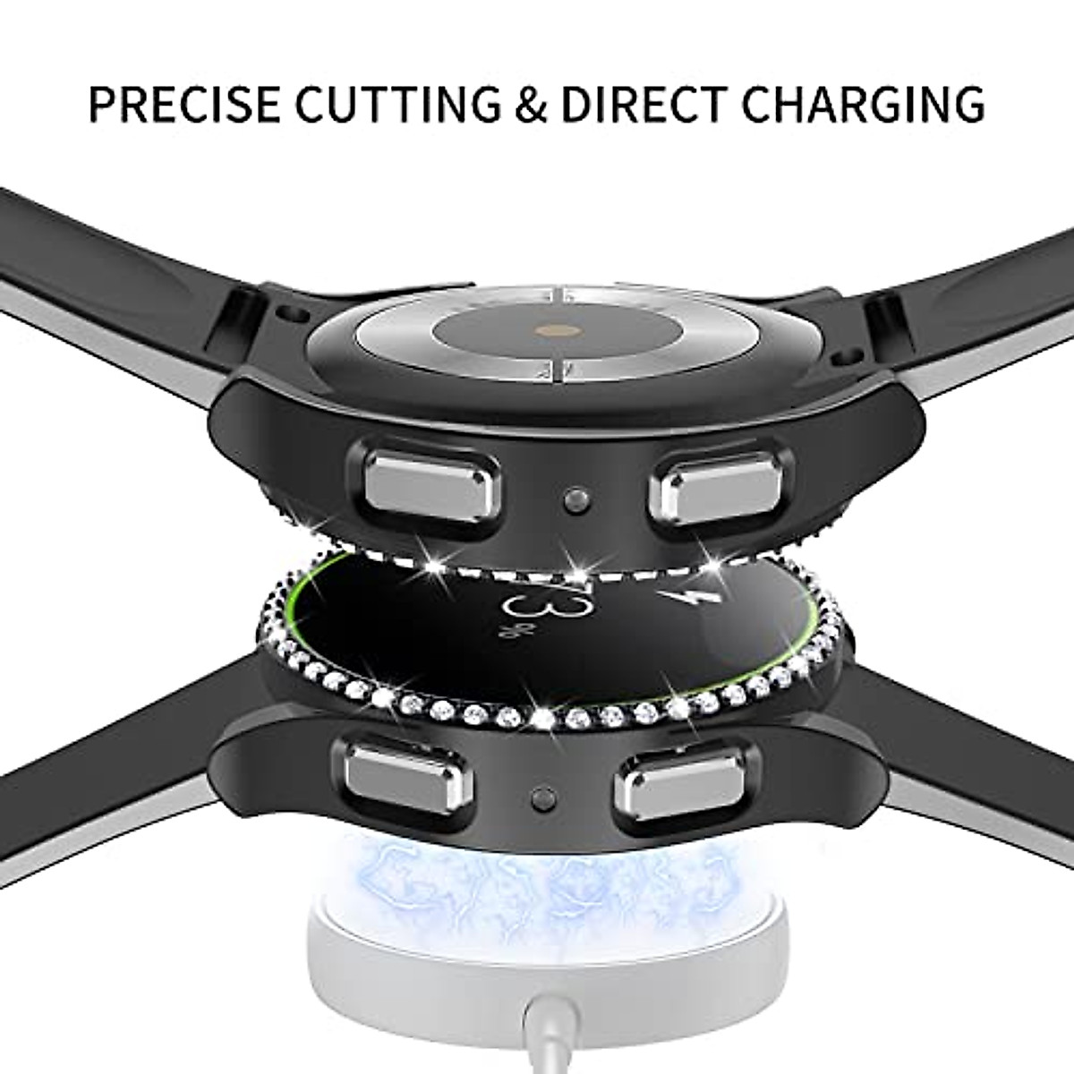 【4+4Pack】Bling Diamond Case for Galaxy Watch 5/Galaxy Watch 4 Screen Protector 40mm,Anti-Fog Tempered Glass Protective Film and Hard PC Cover Bumper,Samsung Watch 5/4 Smartwatch Accessories for Women