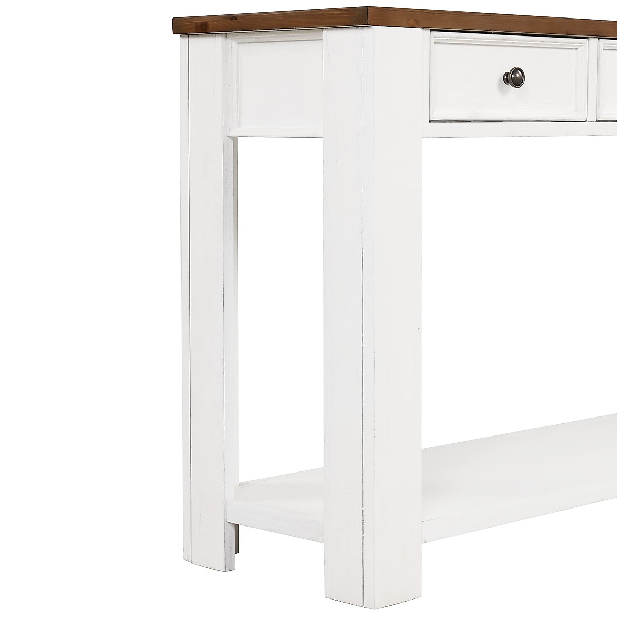 Lecafur HL 64" Entryway Console Table with 4 Drawers and Bottom Shelf Rustic Farmhouse Solid Wood Entryway Table Extra Long Sofa Table for Living Room Hallway Bedroom Foyer(Antique White+ Brown Top)